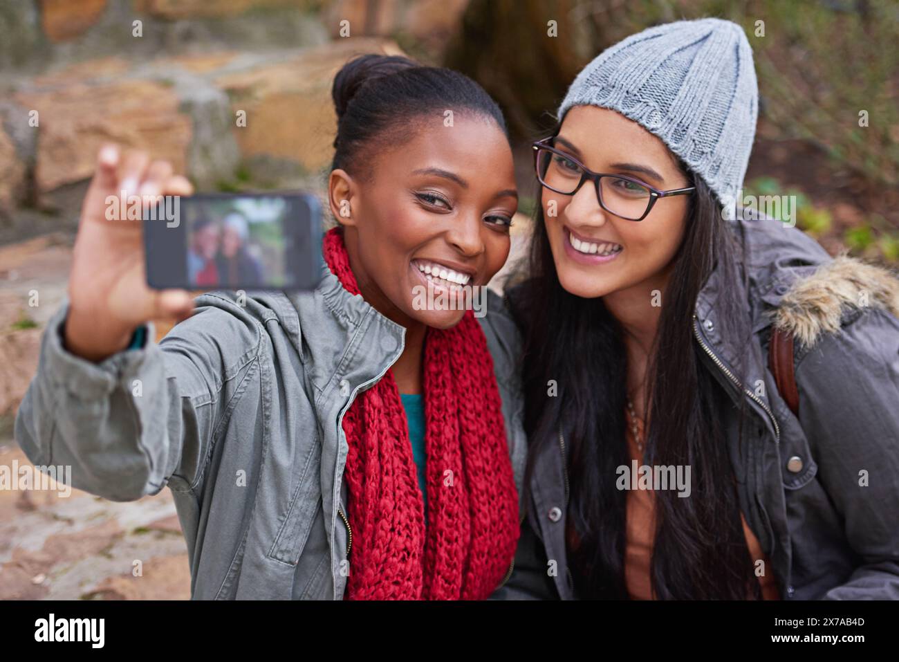 Nature, friends and selfie for picture on campus, college and ...