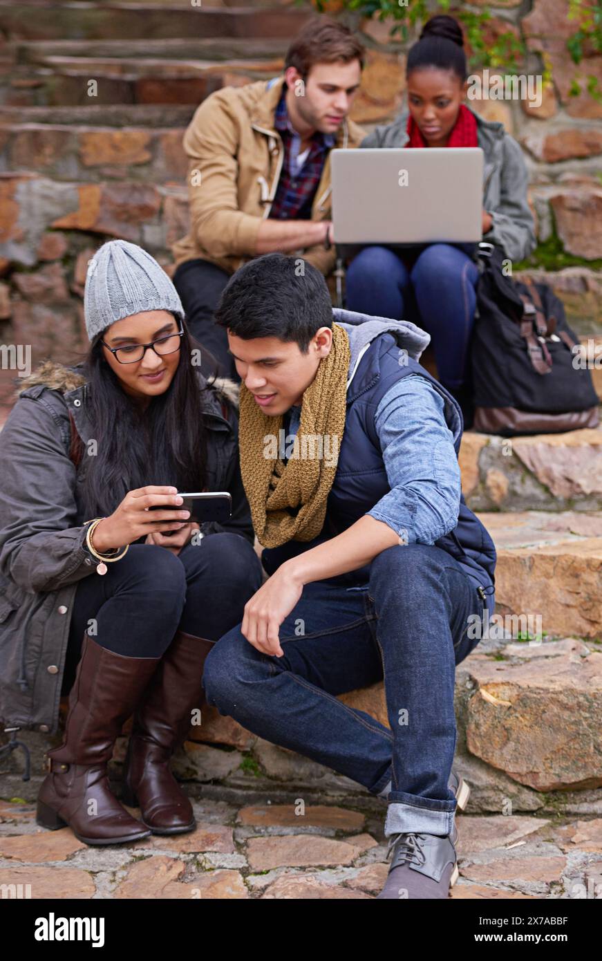 University, laptop or students with phone on campus steps for learning ...