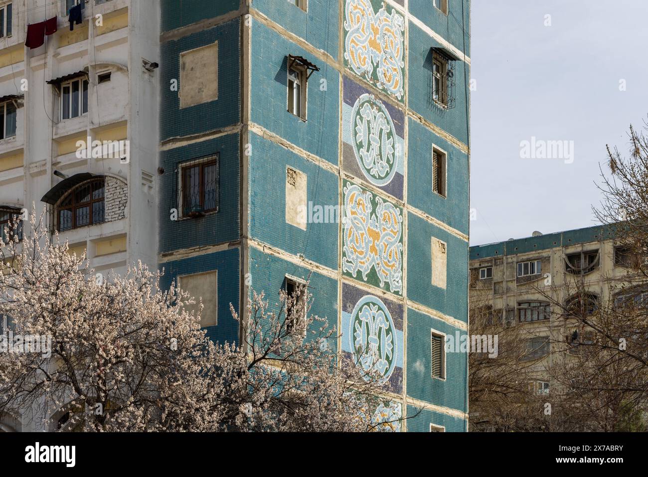 Soviet era mosaic facade on a residential apartment block, Tashkent ...