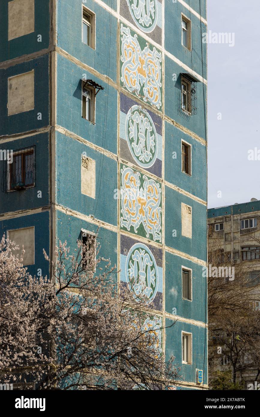 Soviet era mosaic facade on a residential apartment block, Tashkent ...