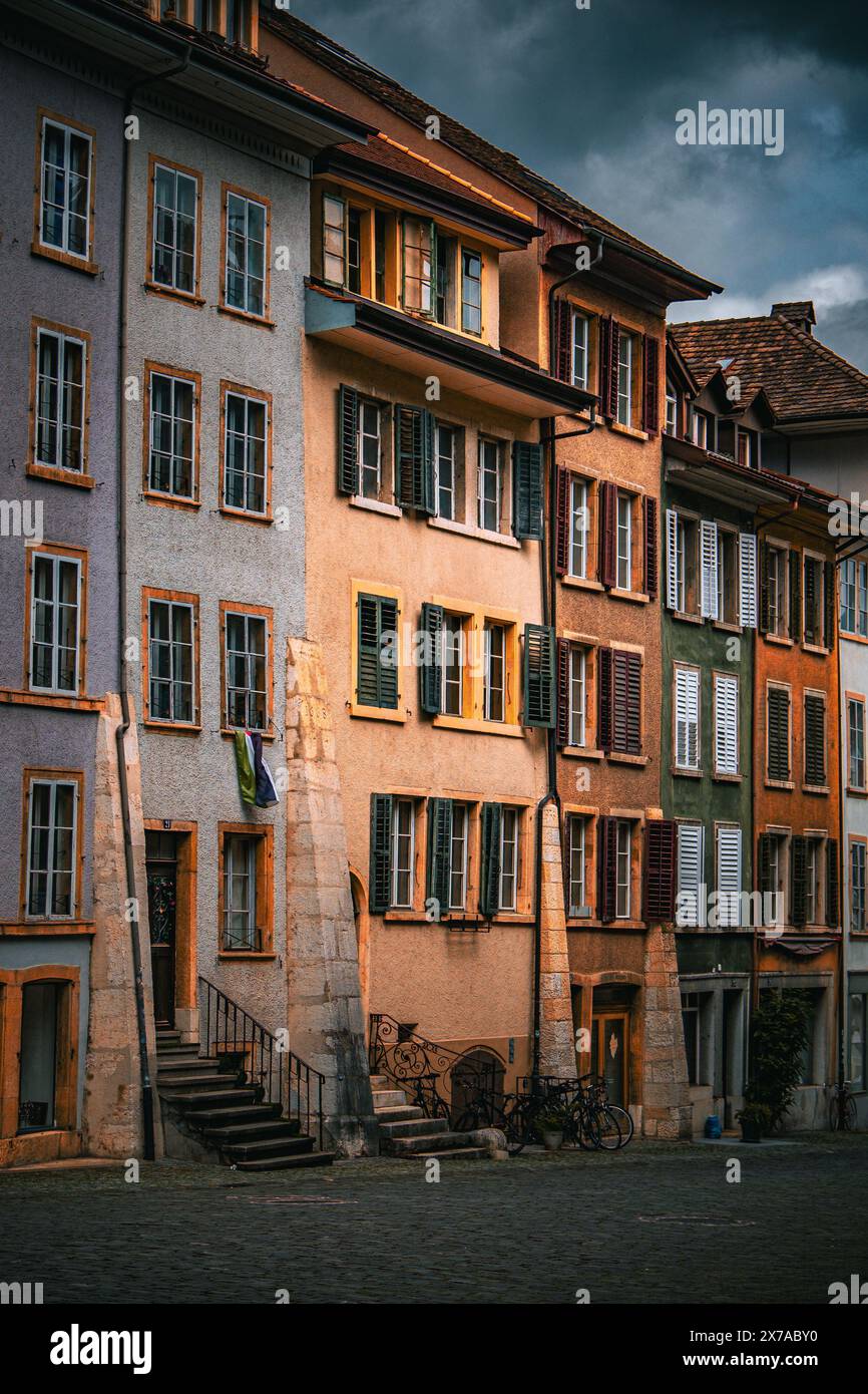 Old town of Biel with its picturesque and colorful houses Stock Photo ...