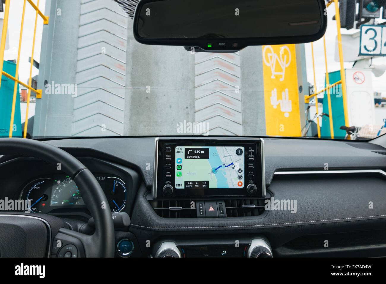 a view from inside a car onboard a ferry between Klaipėda and Smiltynė ...