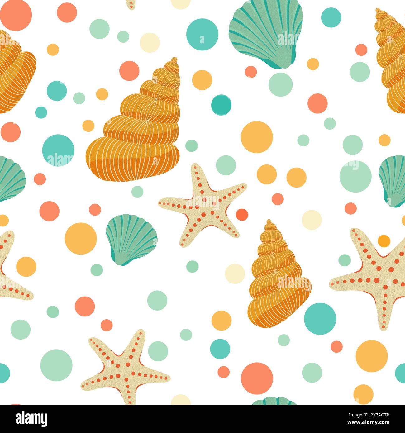 Star fish, sea shell, bubbles, seamless pattern, digital paper, yellow ...