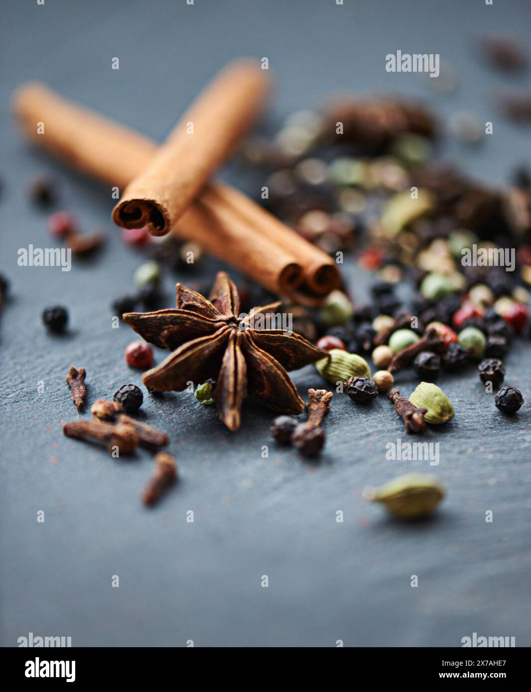 Whole spices, mix of ingredients and cooking for food, fragrance and ...