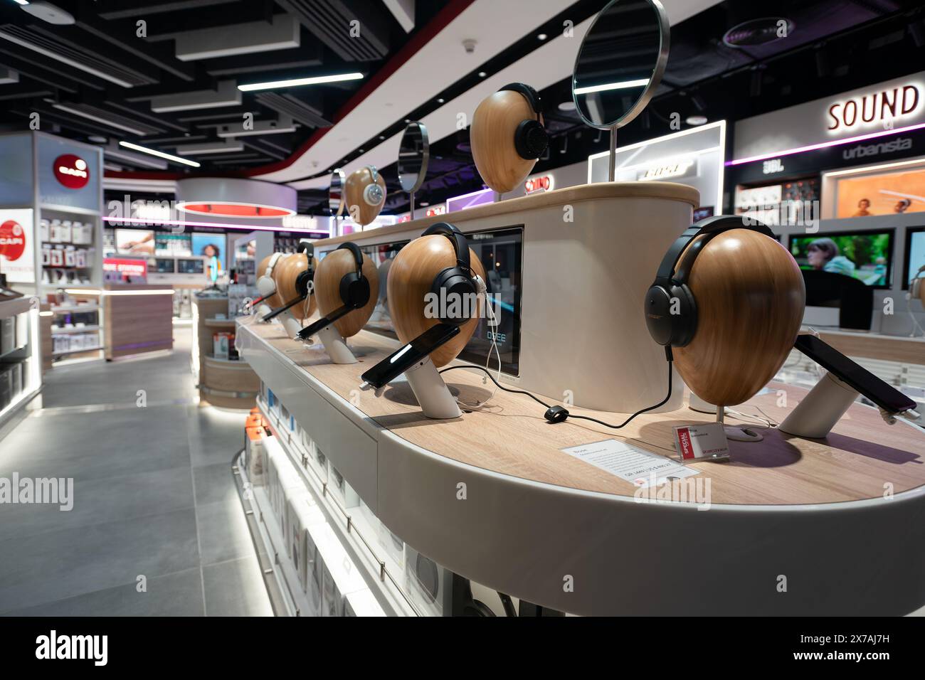 DOHA, QATAR - OCTOBER 13, 2023: wireless headphones on display at Hamad ...