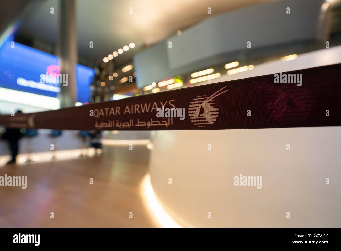 DOHA, QATAR - OCTOBER 13, 2023: Qatar Airways sign as seen at Hamad ...