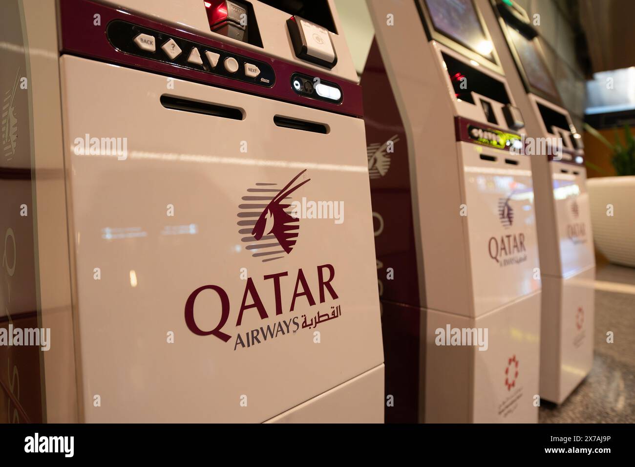 DOHA, QATAR - OCTOBER 13, 2023: close up shot of Qatar Airways sign as ...