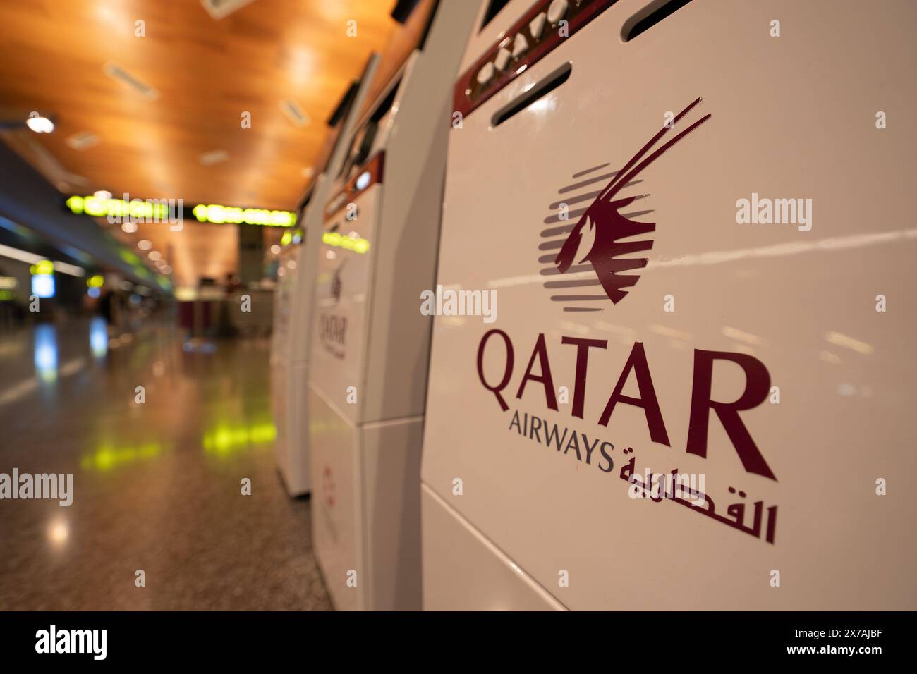 DOHA, QATAR - OCTOBER 13, 2023: close up shot of Qatar Airways sign as ...