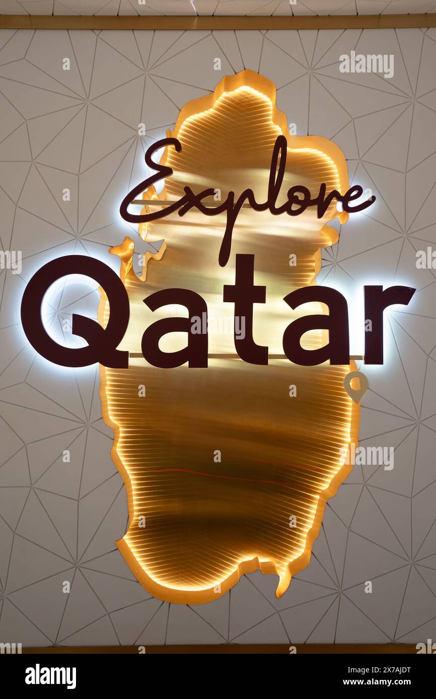 DOHA, QATAR - OCTOBER 13, 2023: Explore Qatar sign as seen in Hamad ...