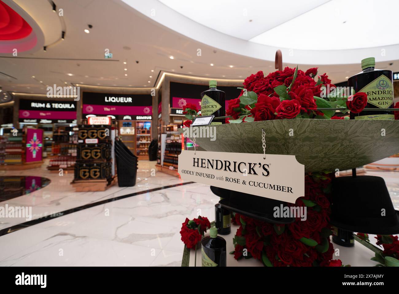 DOHA, QATAR - OCTOBER 13, 2023: Hendrick's products on display at Hamad ...