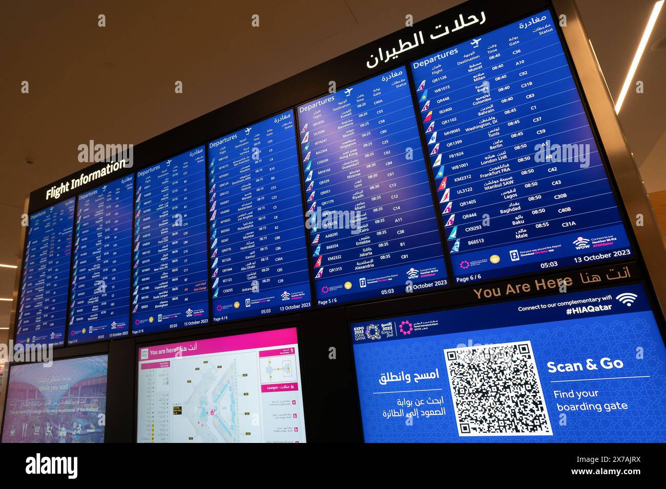 DOHA, QATAR - OCTOBER 13, 2023: digital flight information display ...