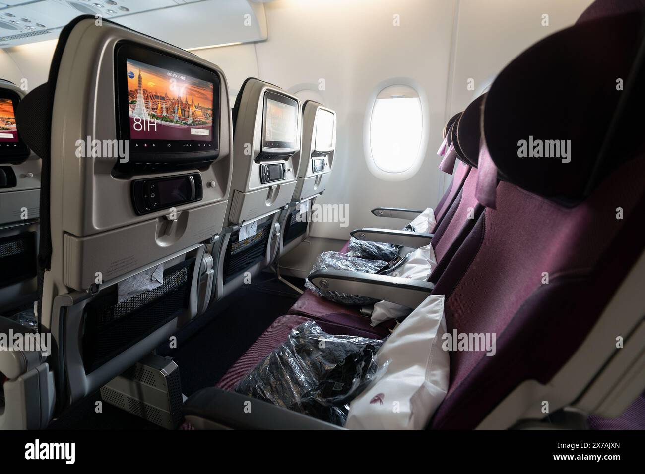 DOHA, QATAR - OCTOBER 13, 2023: economy seats on a Qatar Airways Airbus A380 Stock Photo - Alamy