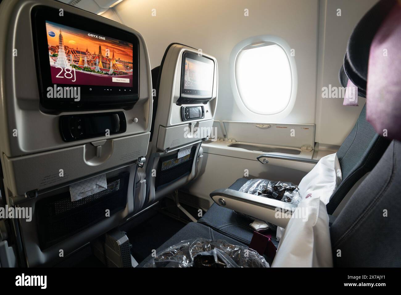 DOHA, QATAR - OCTOBER 13, 2023: economy seats on a Qatar Airways Airbus A380 Stock Photo - Alamy