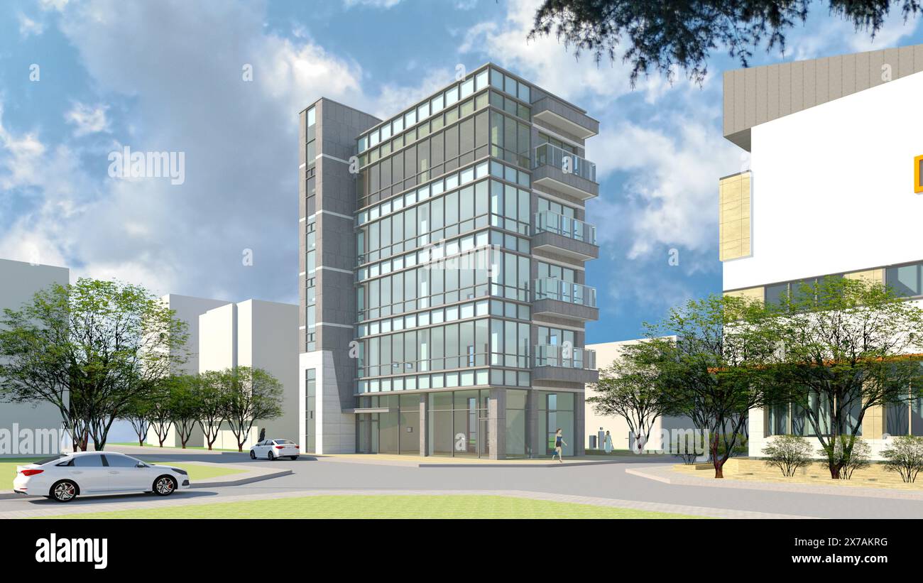 Architectural illustration of a modern office building planned in a new ...