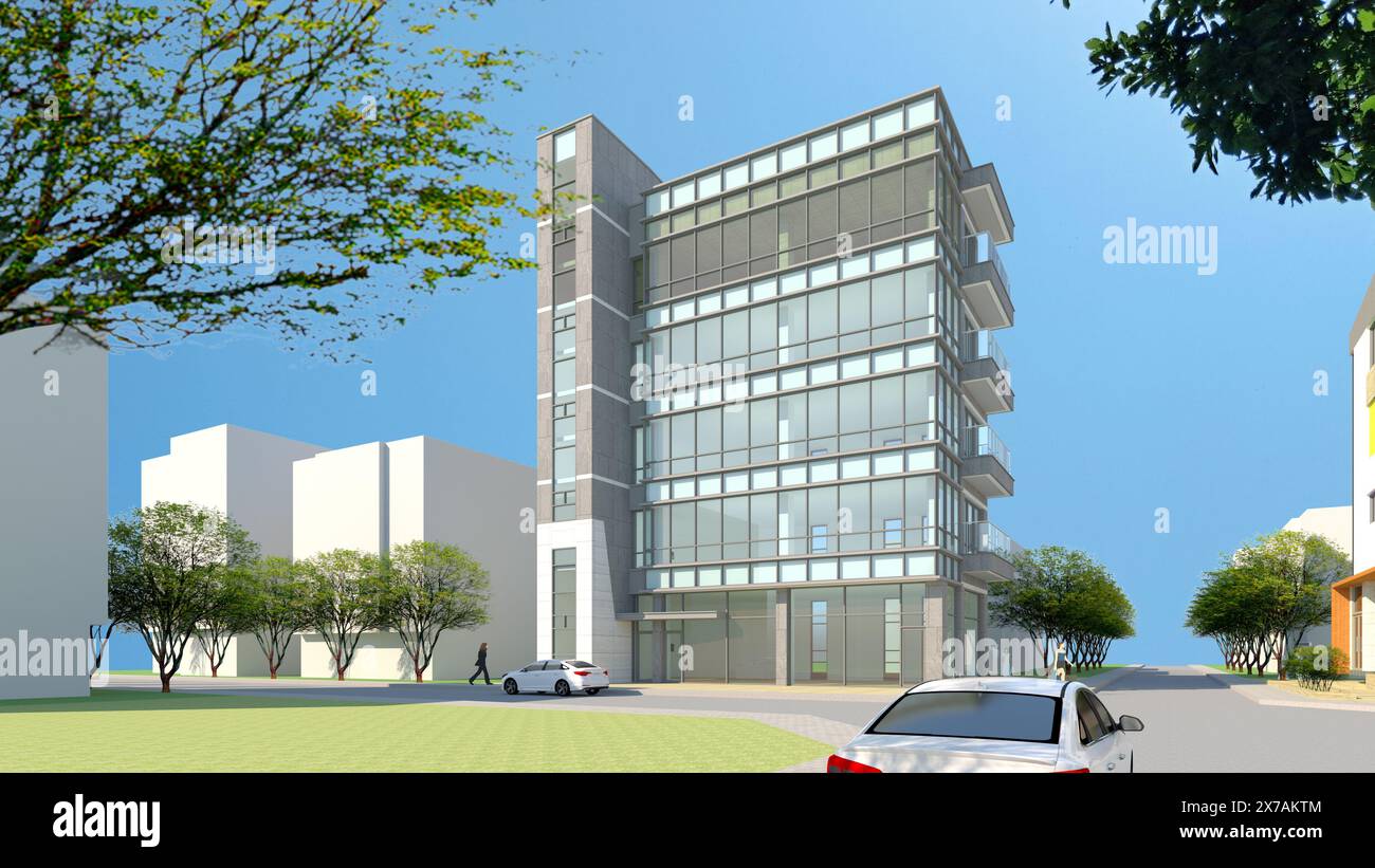 Architectural illustration of a modern office building planned in a new ...