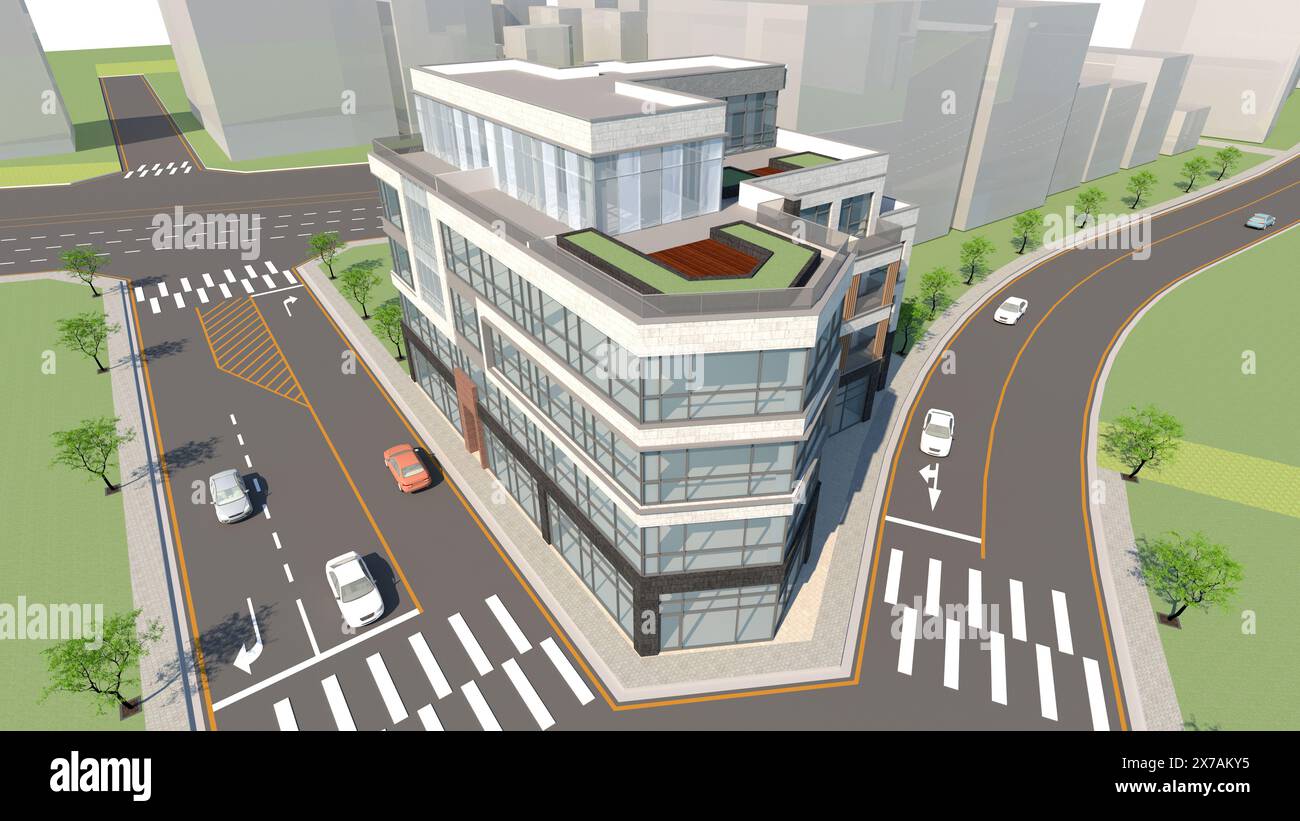 Architectural illustration of a modern office building planned in a new ...