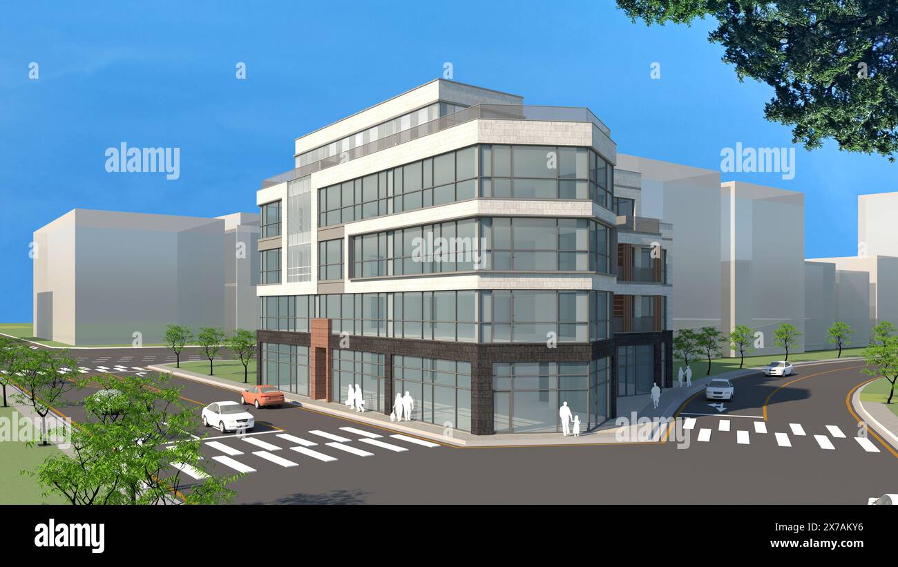 Architectural illustration of a modern office building planned in a new ...