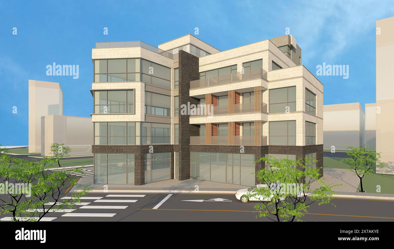 Architectural illustration of a modern office building planned in a new ...
