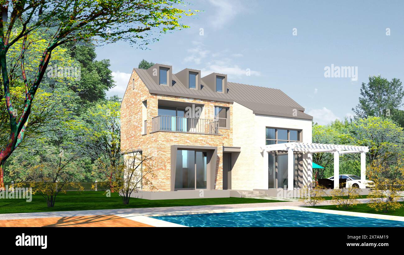 3d perspective illustration of a modern single house with garden and a ...