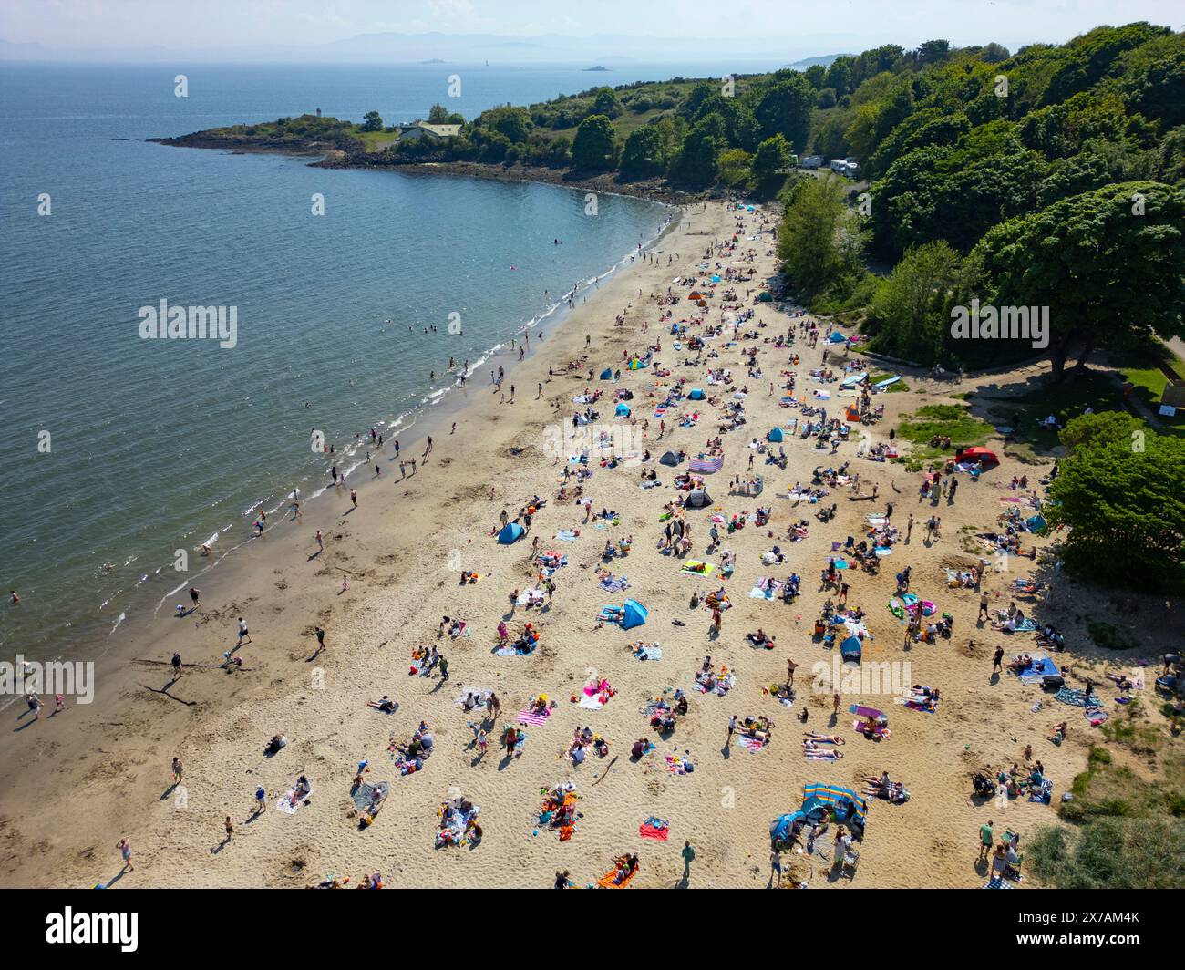 Aerial views from drone of Silver Sands Beach in Aberdour on warm May ...