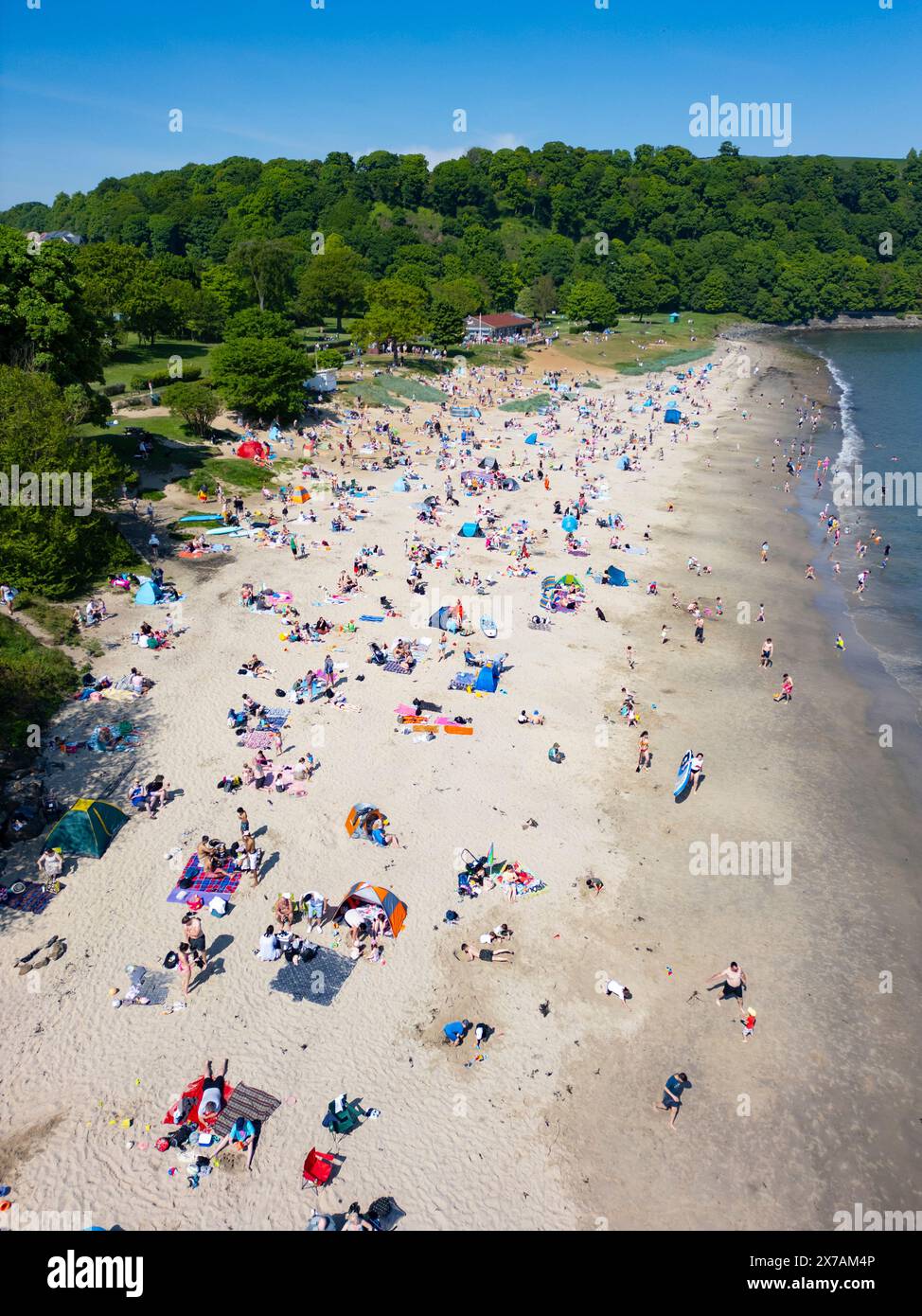 Aerial views from drone of Silver Sands Beach in Aberdour on warm May ...