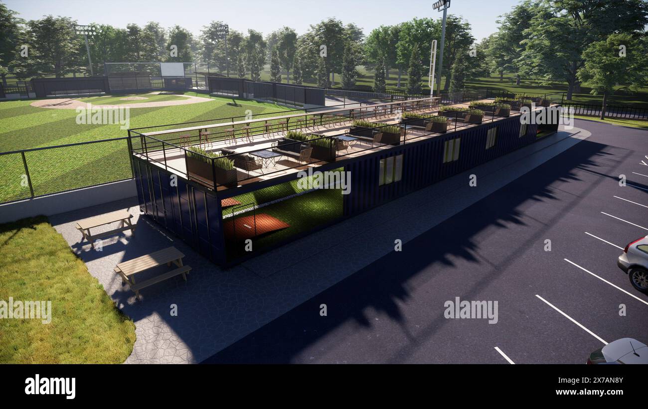 baseball field or ballpark cafe on rooftop 3d render Stock Photo - Alamy