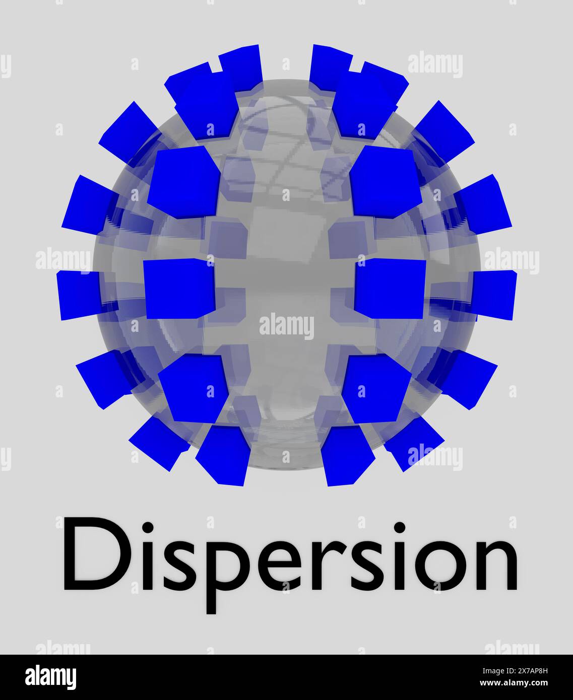 3D illustration of a transparent ball surrounded by blue cubes ...