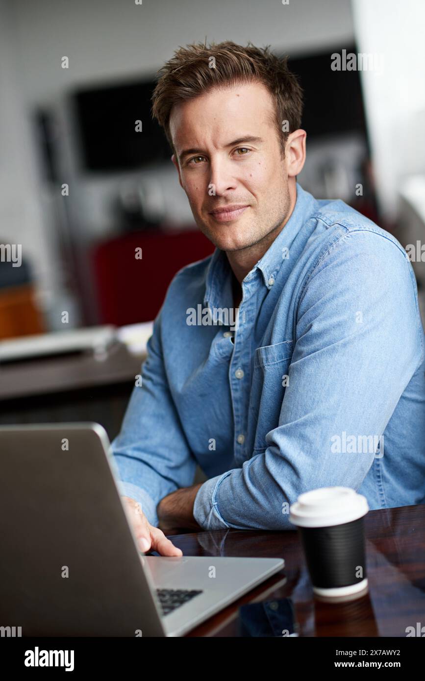 Businessman, computer and portrait in office for startup project ...