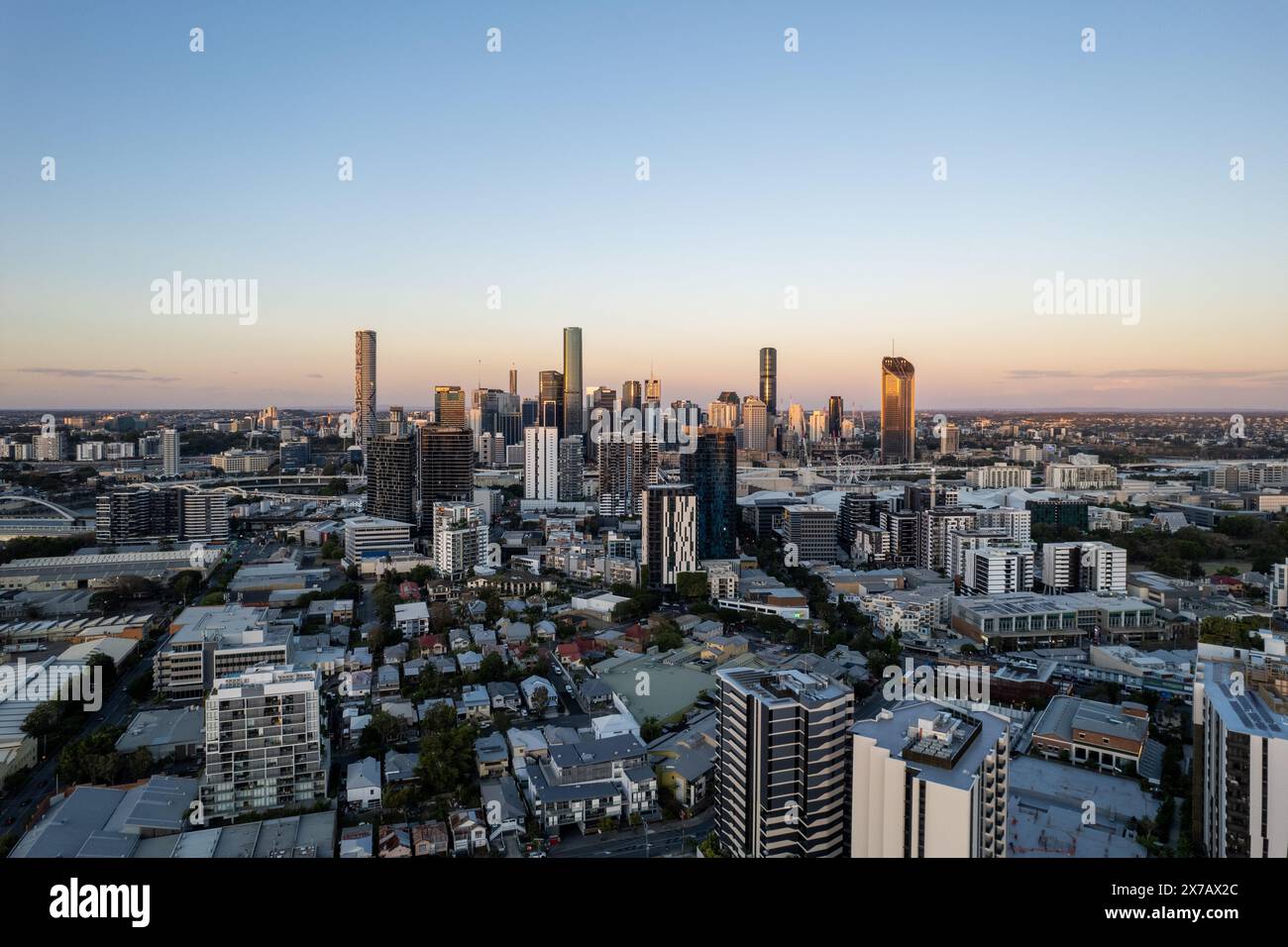 Drone view from South Brisbane of Brisbane City skyline, Queensland ...