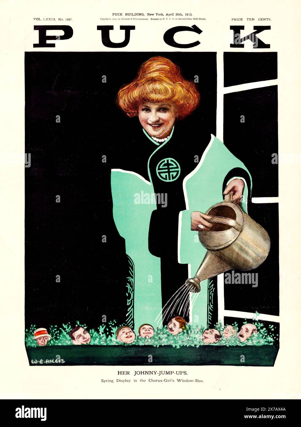 William Ely Hill - Puck Magazine - a woman with a watering can pours ...