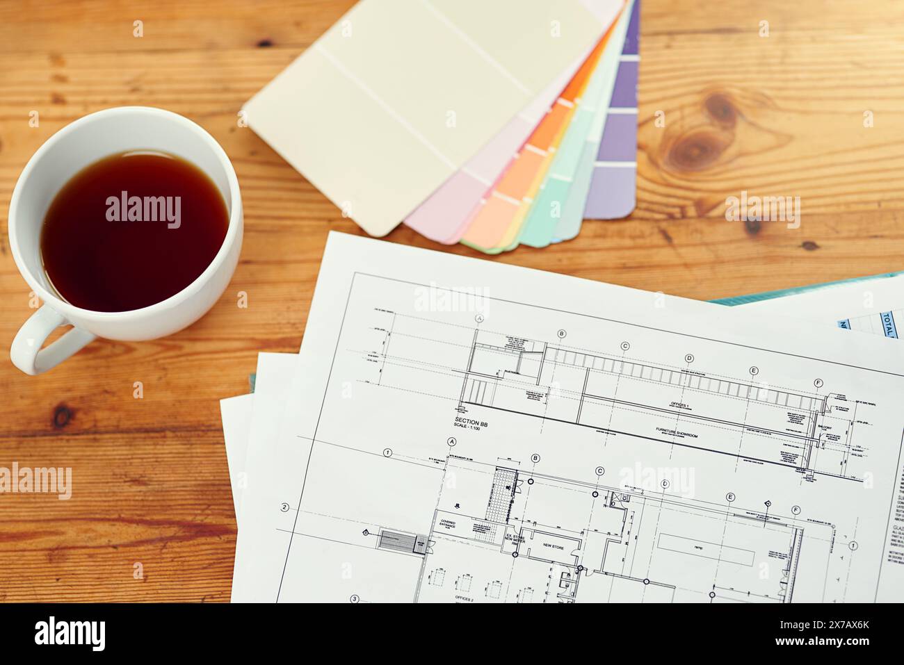Color, swatch and planning home renovation with blueprint on table from ...