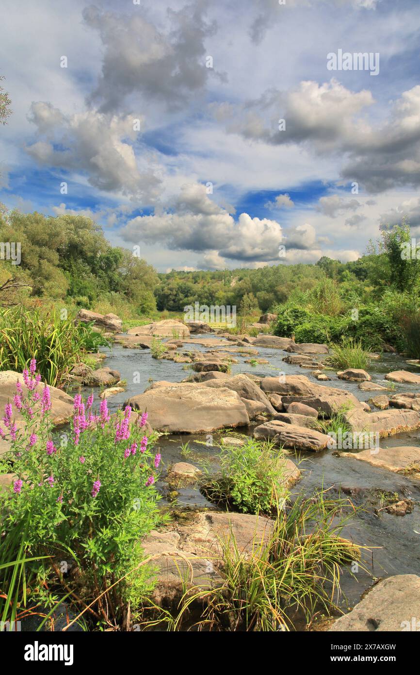 The photo shows the picturesque Southern Bug River in Ukraine, during a ...