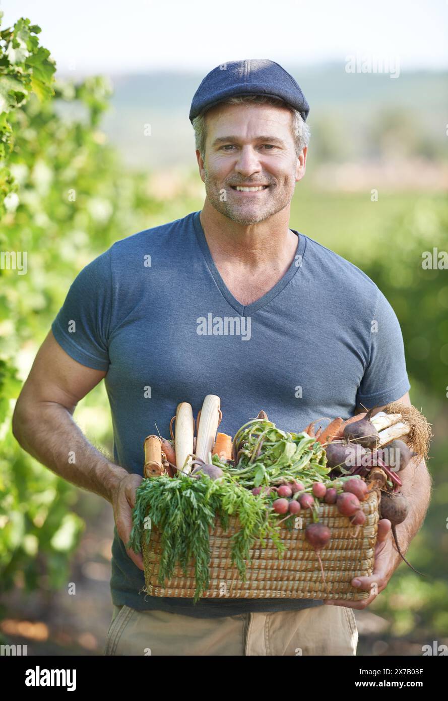Agriculture, farming or produce and portrait of man with basket for ...