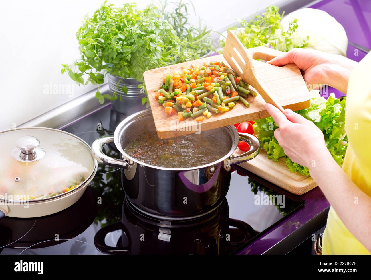 female hands cooking vegetable soup in the kitchen Stock Photo - Alamy