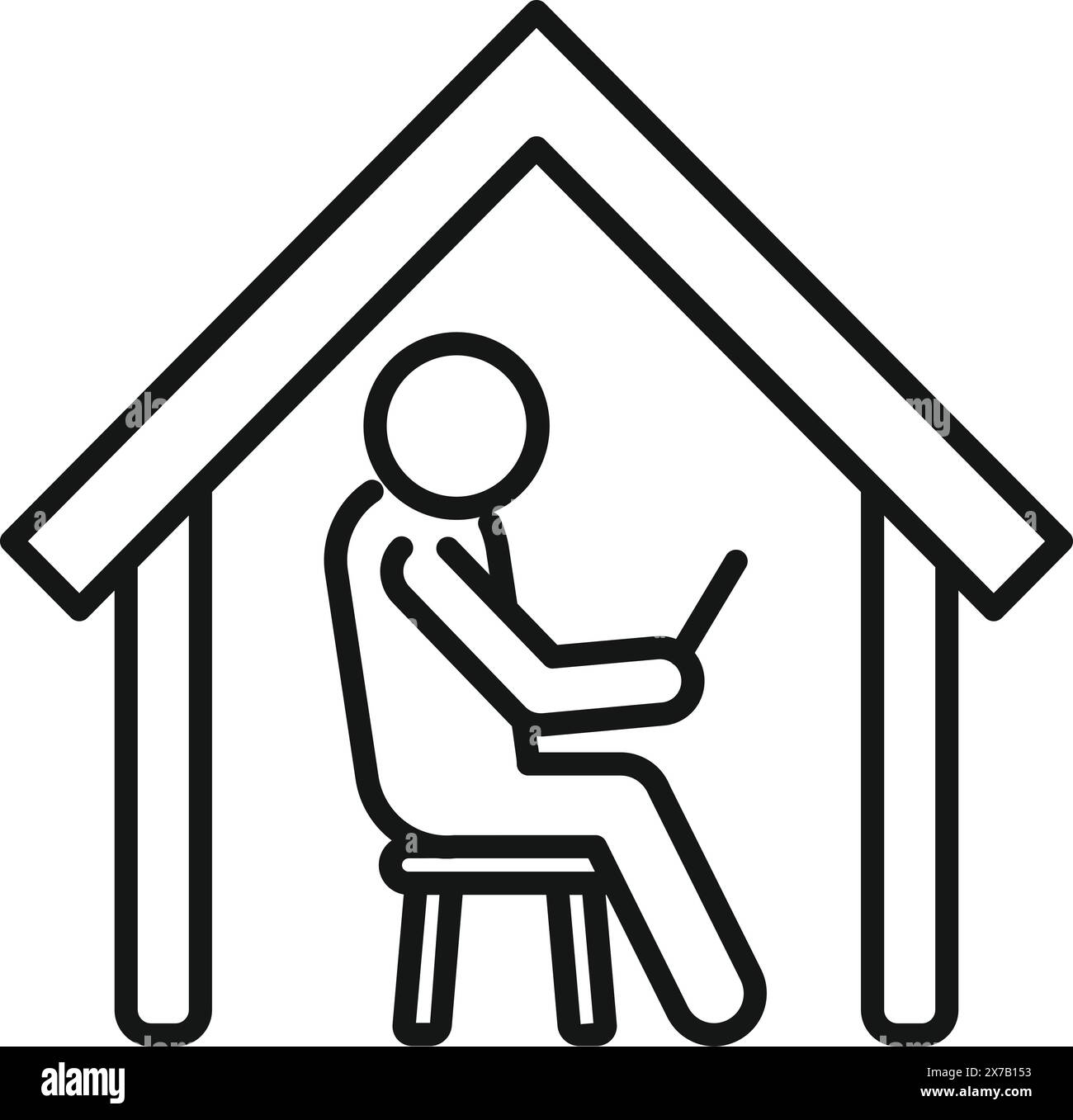 Minimalistic line art of a stick person using a laptop under a house ...