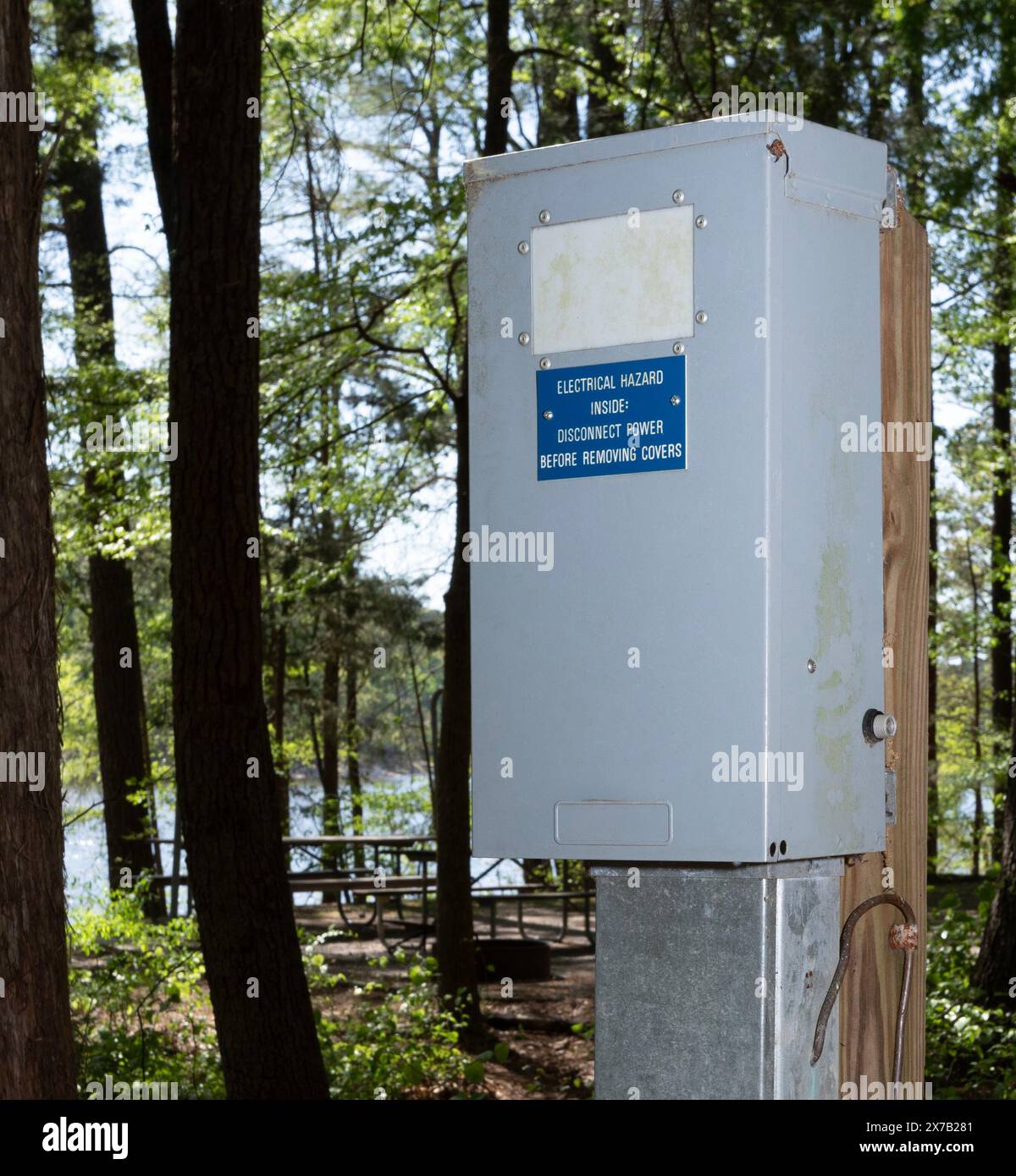 Campsite electric box with lid closed that is used to hook up camper ...