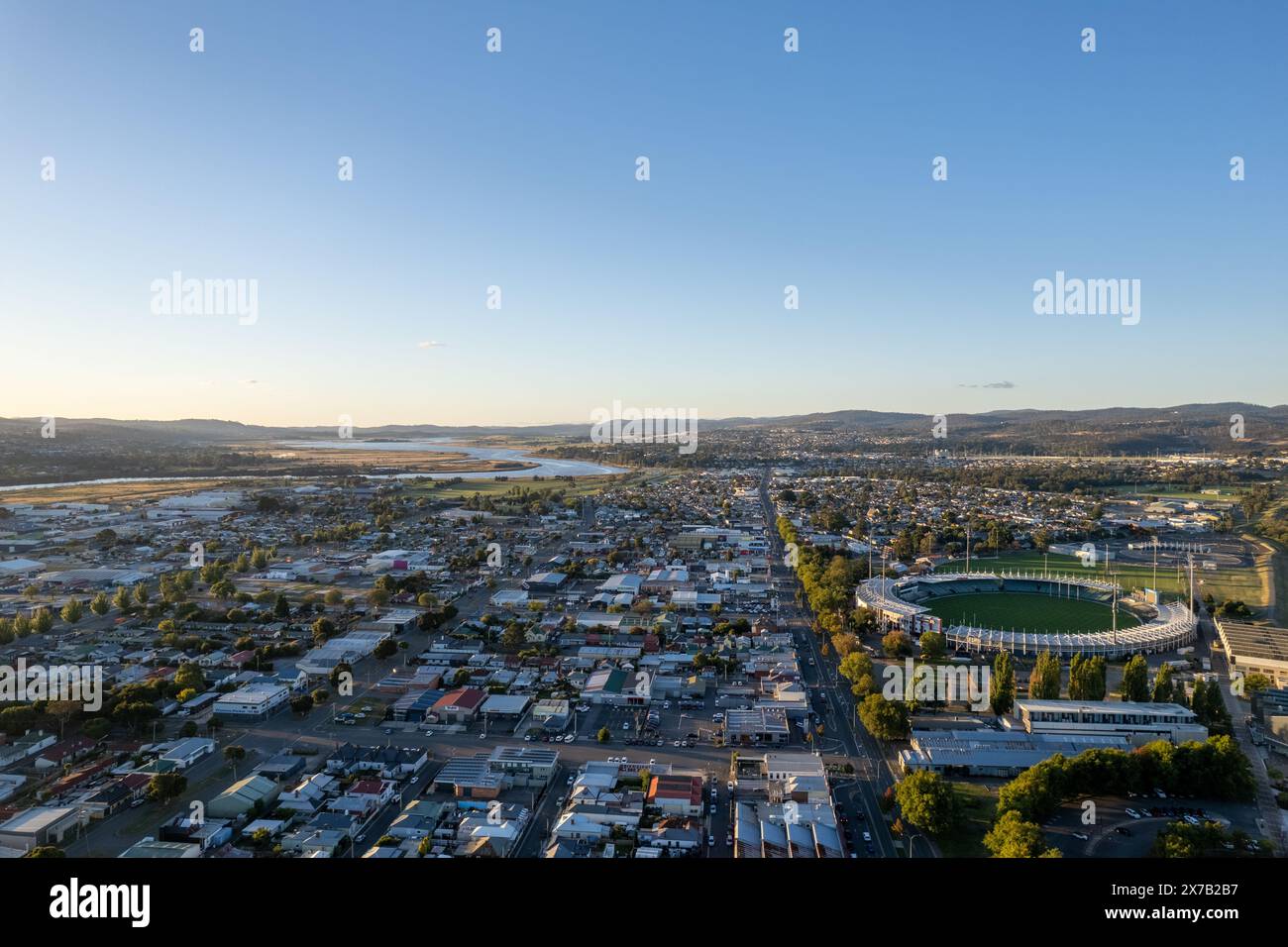 Aerial photo looking out over Launceston and the UTAS Stadium above the ...