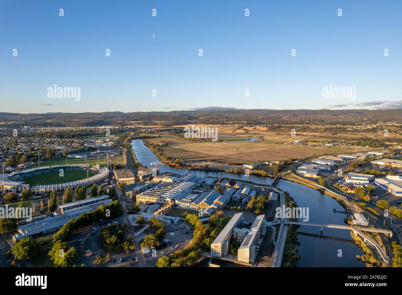 Aerial photo looking out over Launceston and the UTAS Stadium above the ...