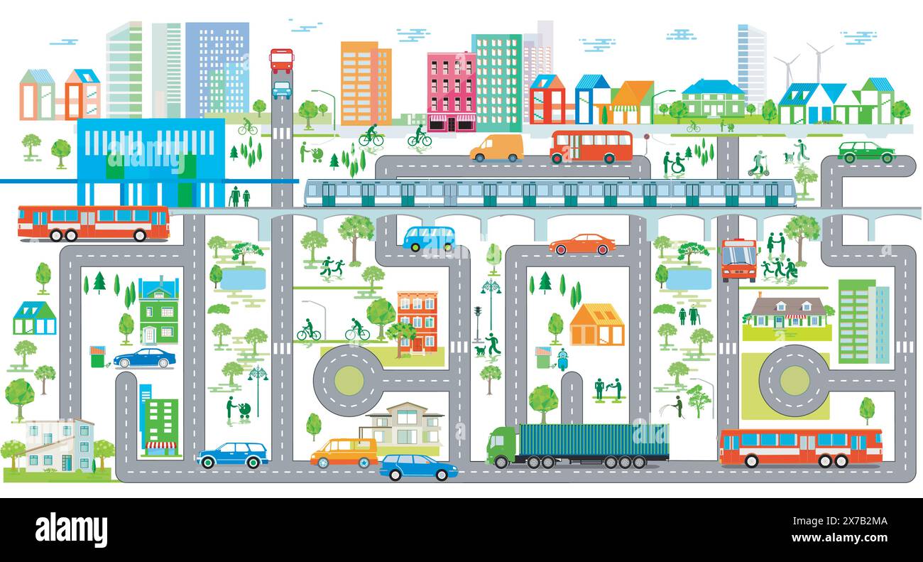 City overview with traffic and houses, information illustration Stock ...