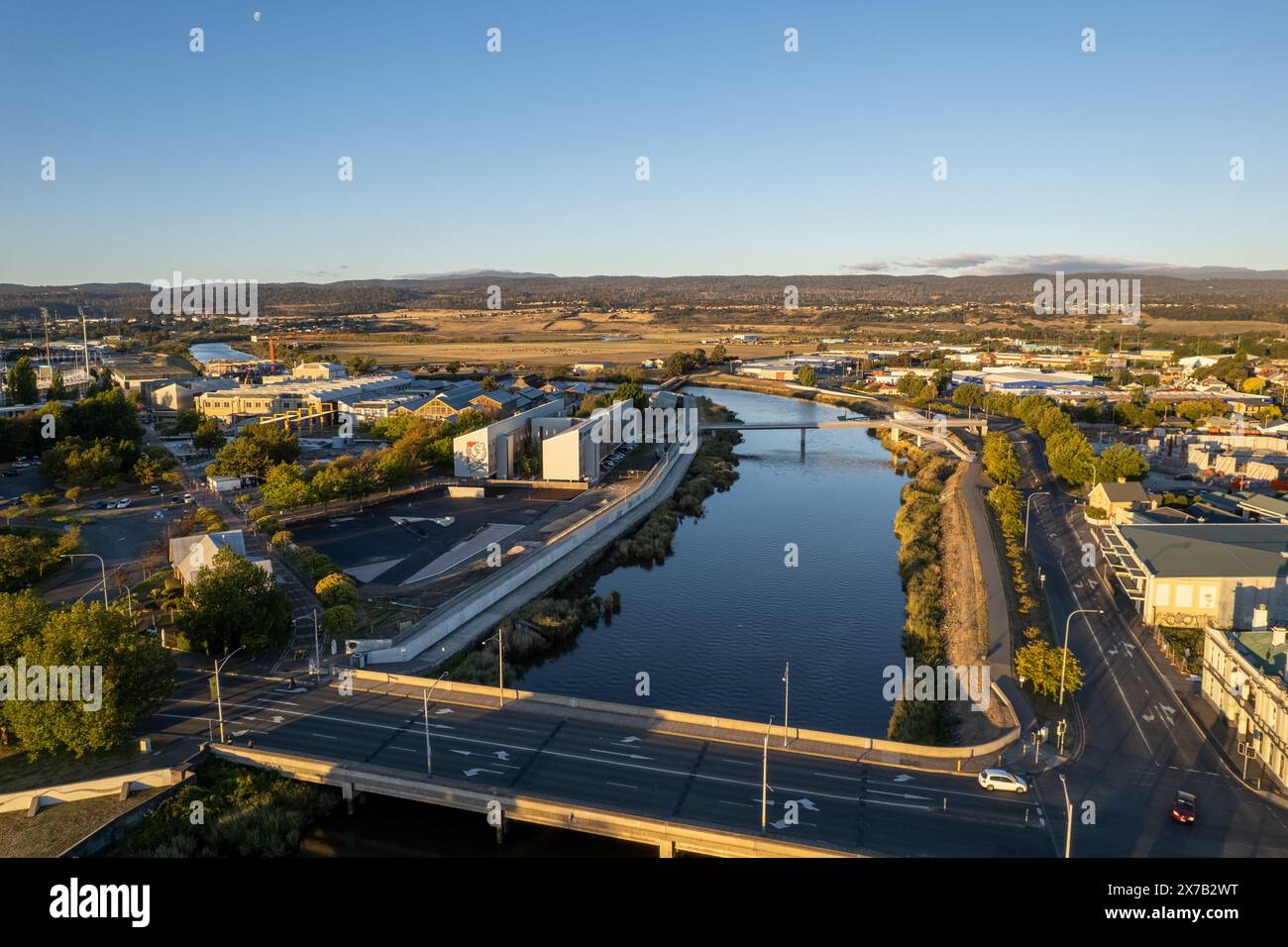 Aerial photo looking out over Launceston above the North Esk River at ...