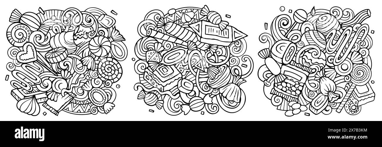 Candy cartoon vector doodle designs set. Sketchy detailed banner with ...
