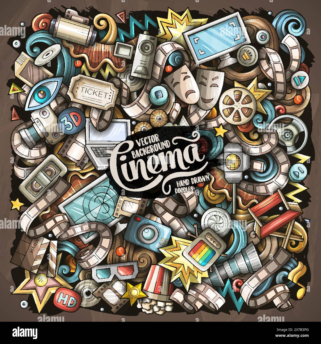 Cinema cartoon vector doodle design. Colorful detailed composition with ...