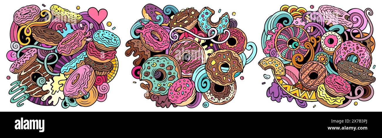 Cartoon vector Donuts doodle illustration features a variety of sweet ...