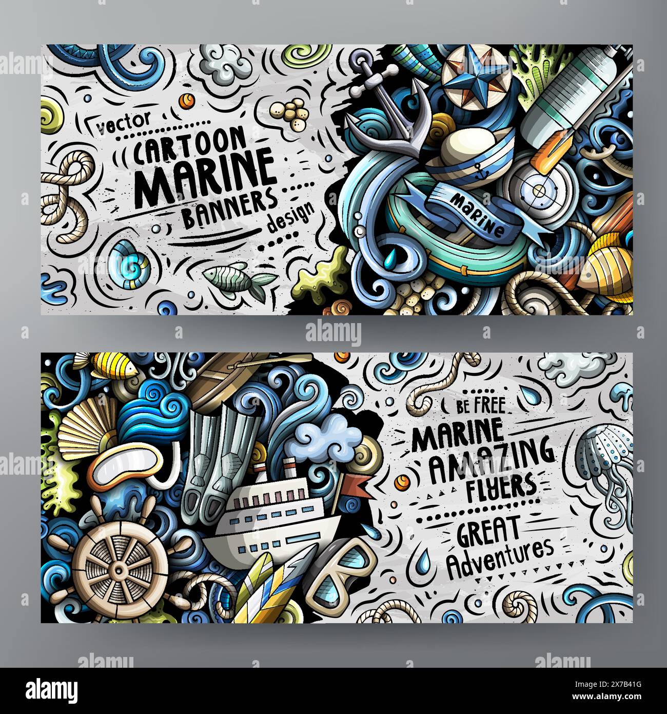 Cartoon cute doodles Marine horizontal banners set Stock Vector Image ...