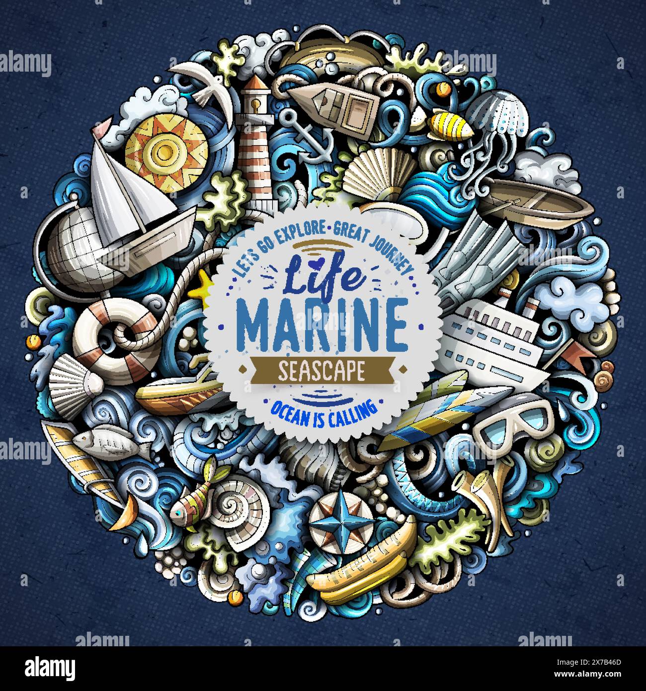 Marine hand drawn vector doodles illustration. Color funny picture ...