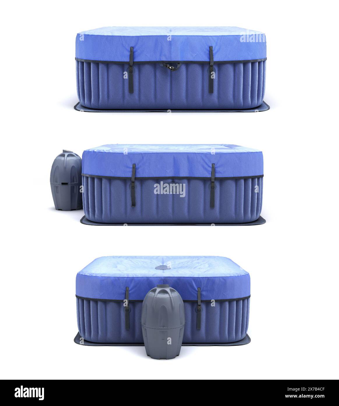 Set of new covered Blue Portable Outdoor Pool 3d render on white Stock ...