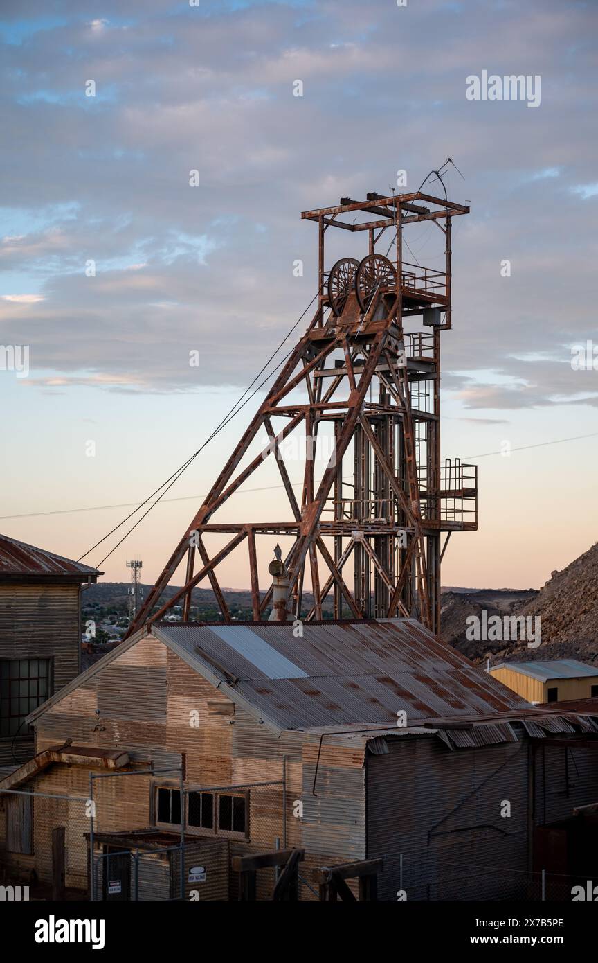 Disused abandoned mine shaft and buildings at Broken Hill's Line of Lode underground mine site ...