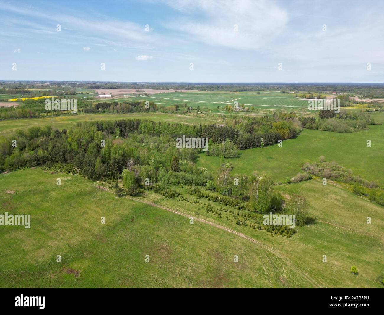 Aerial view of green forests surrounded by green farmland fields Stock ...