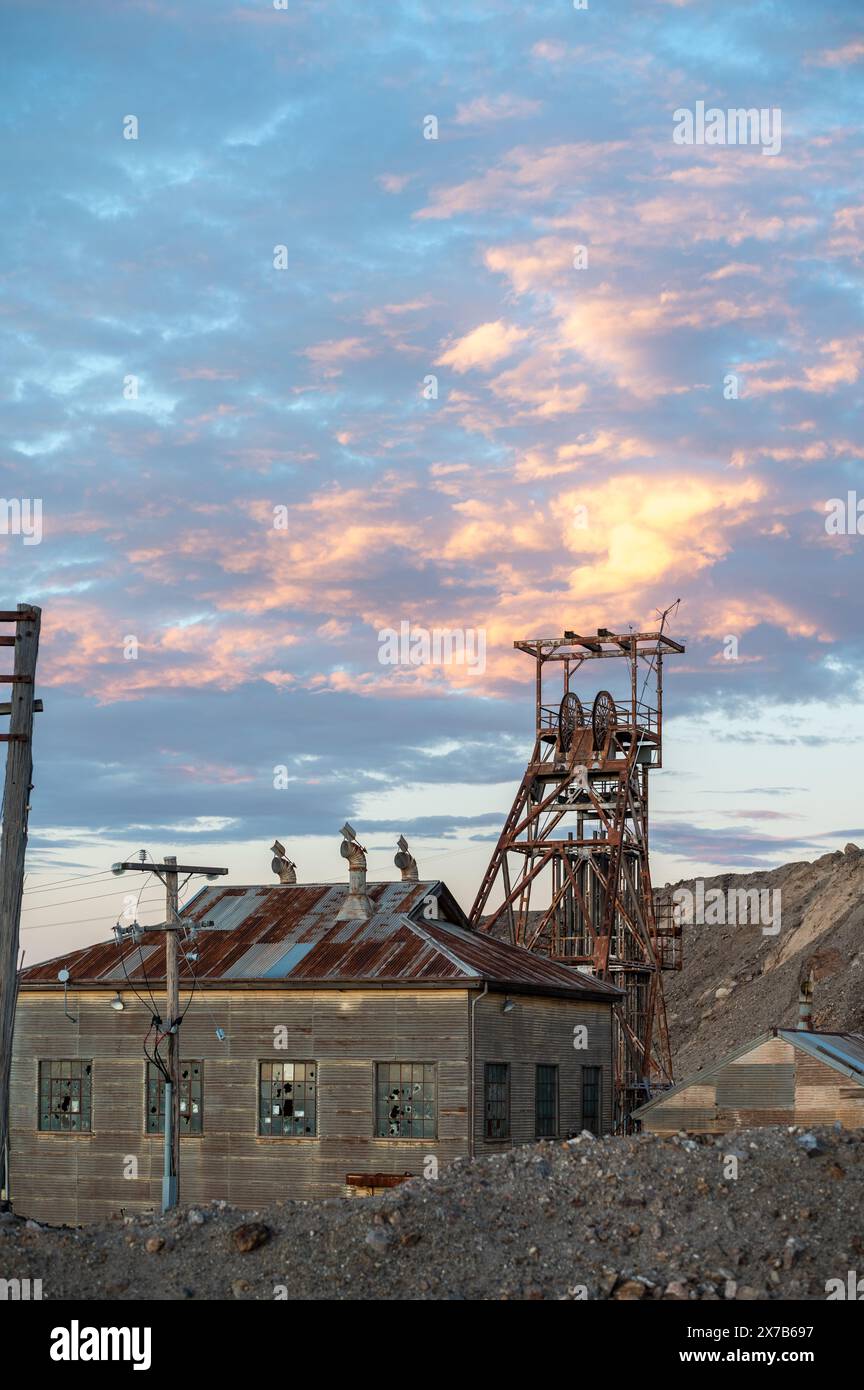 Disused abandoned mine shaft and buildings at Broken Hill's Line of Lode underground mine site ...