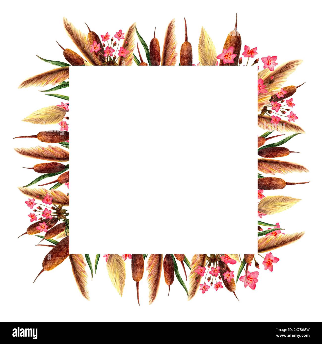 Botanical watercolor frame with cattails and pink flowers, great for ...